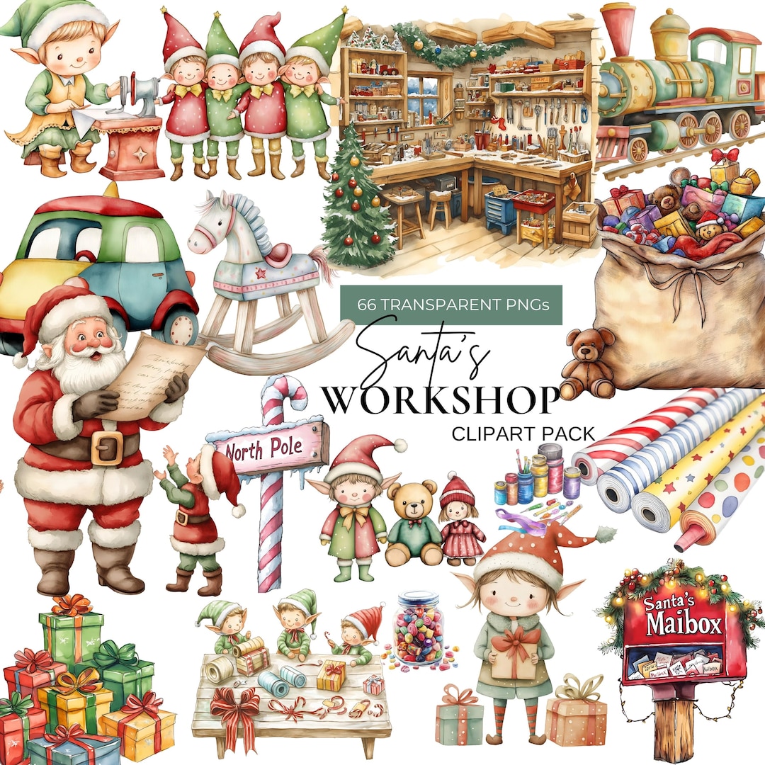 Santa’s Workshop Toyshop Helper Elf Cute Christmas Clipart Watercolor ...