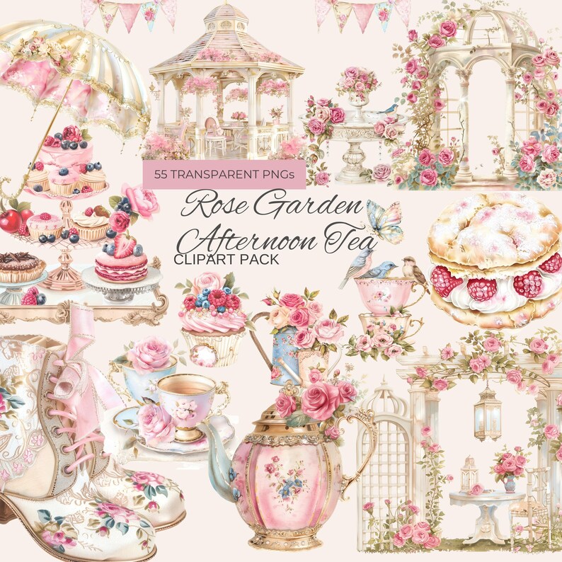 Watercolor Tea Party Clipart Vintage, Afternoon Tea Time PNG, Pink ...