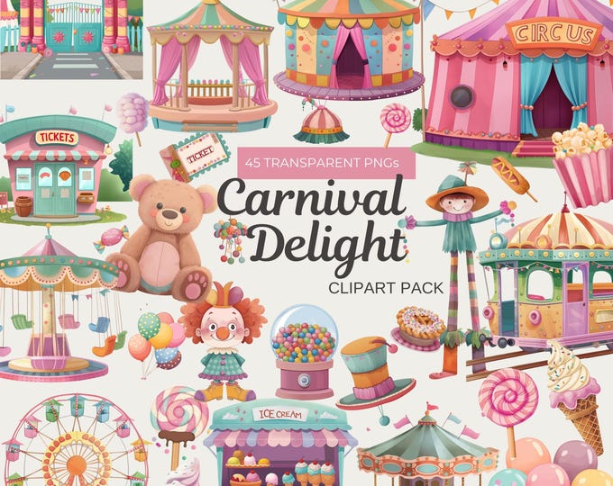 Carnival Clipart Bundle, Watercolor Kids Circus Teddy Bear Fair Rides ...