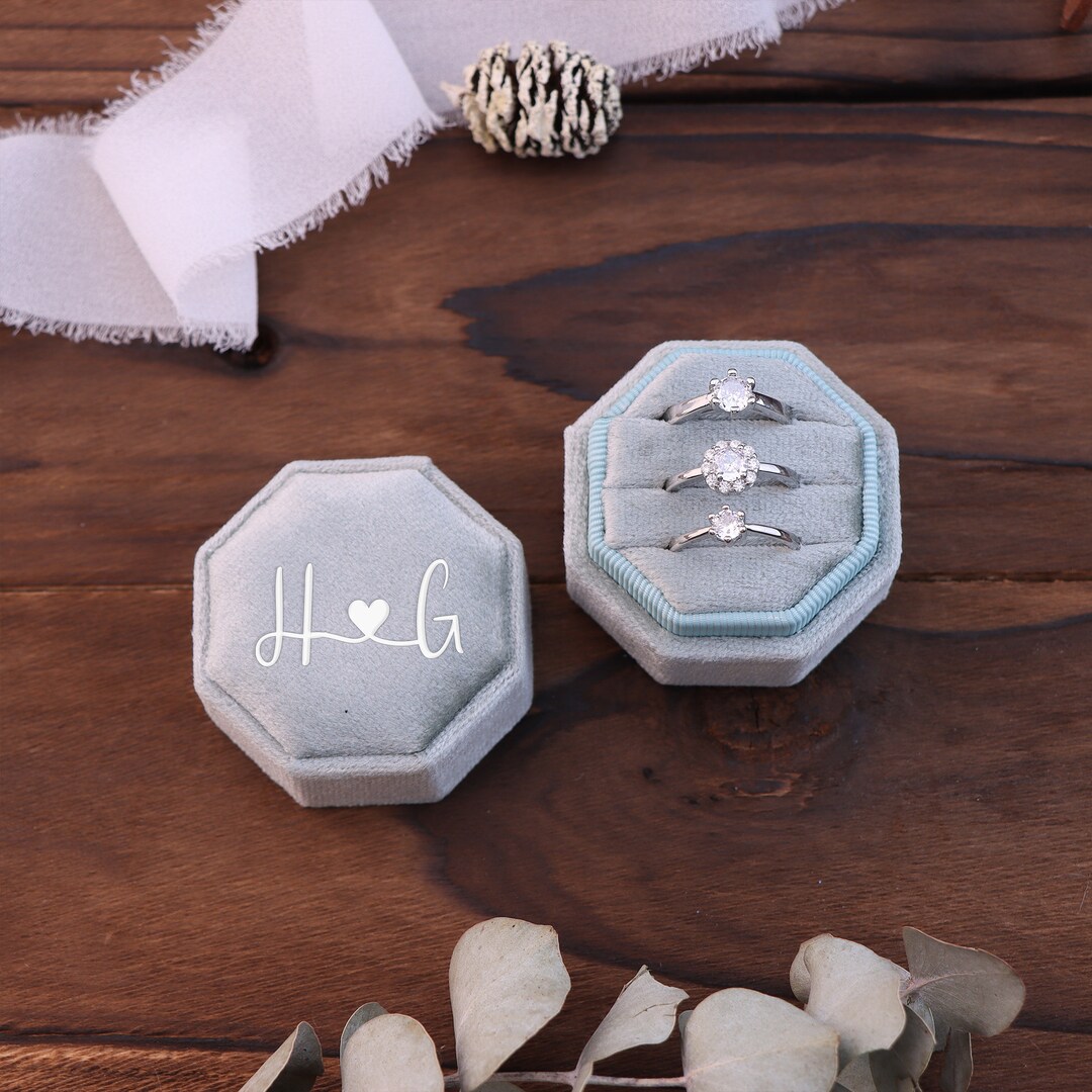 Monogram Velvet Ring Box Octagon 3 Ring Box Initial Ring - Etsy