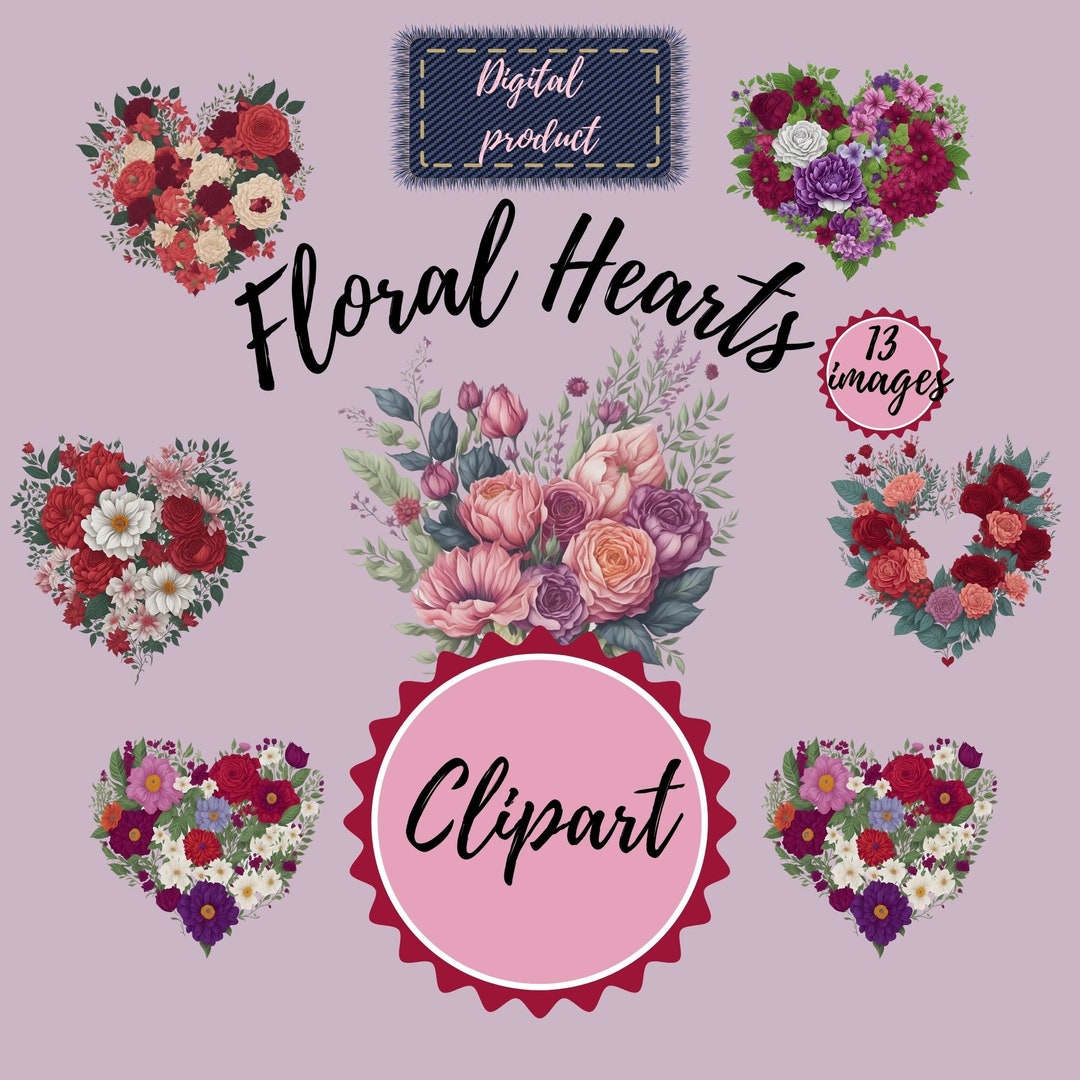 Floral Hearts Clipart Flower Heart PNG Valentine - Etsy