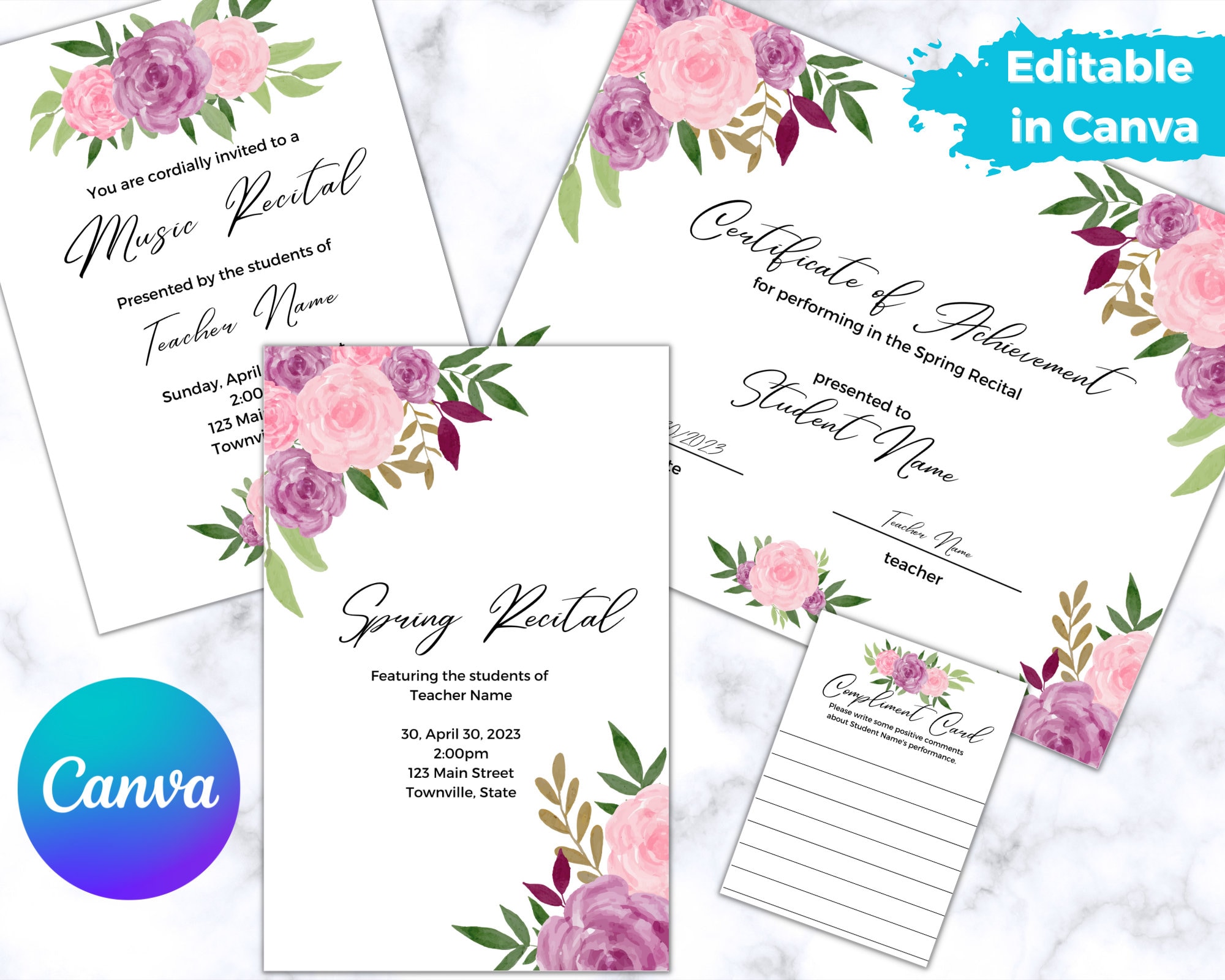 Editable Spring Music Recital Template With Certificate, Program ...