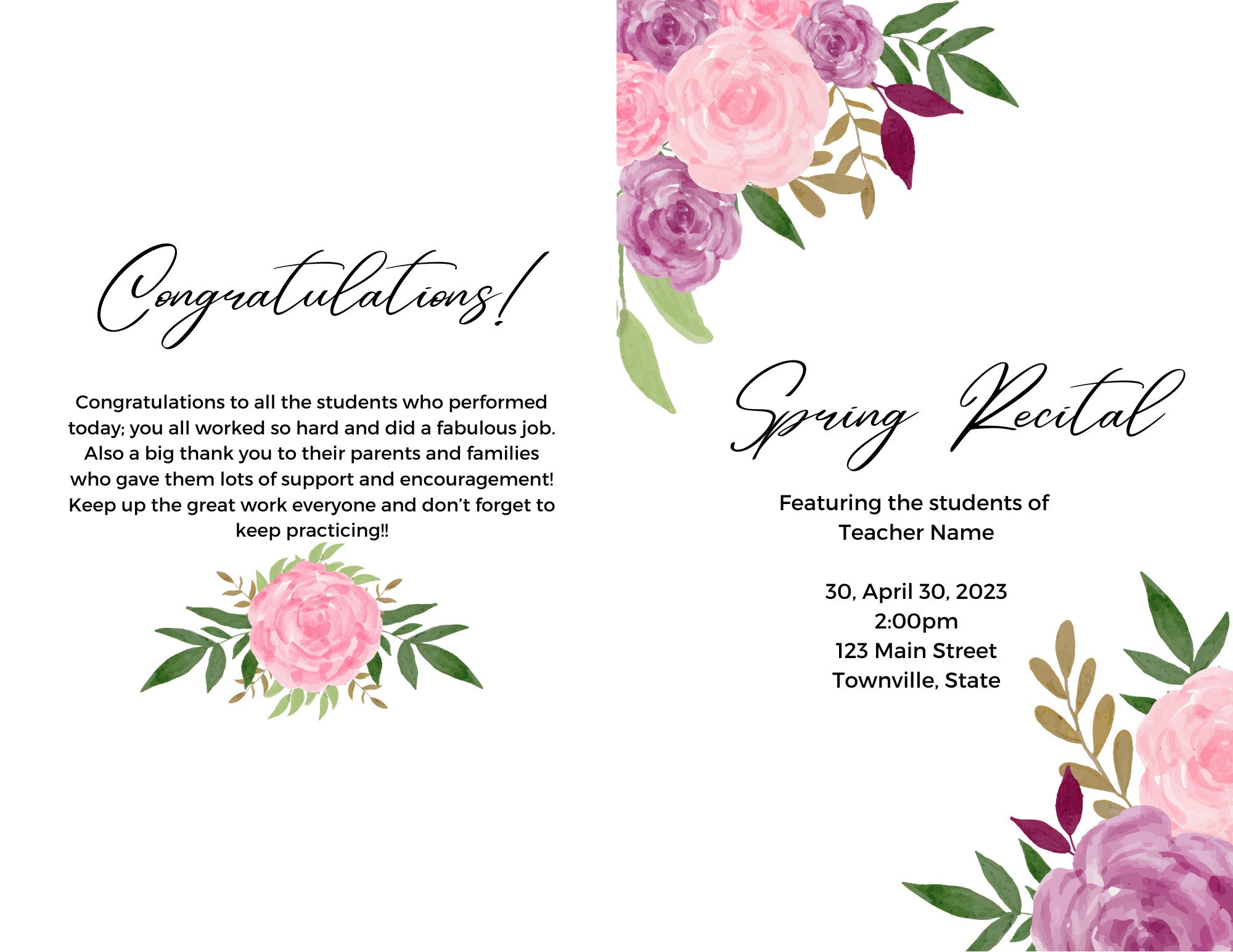 Editable Spring Music Recital Template With Certificate, Program ...