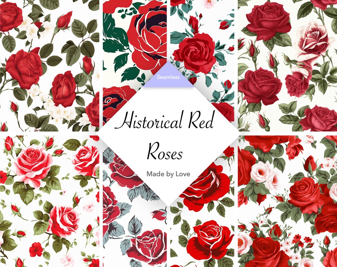 Historical Red Roses Digital Paper - 8 Seamless Patterns - 14x14 Inch ...