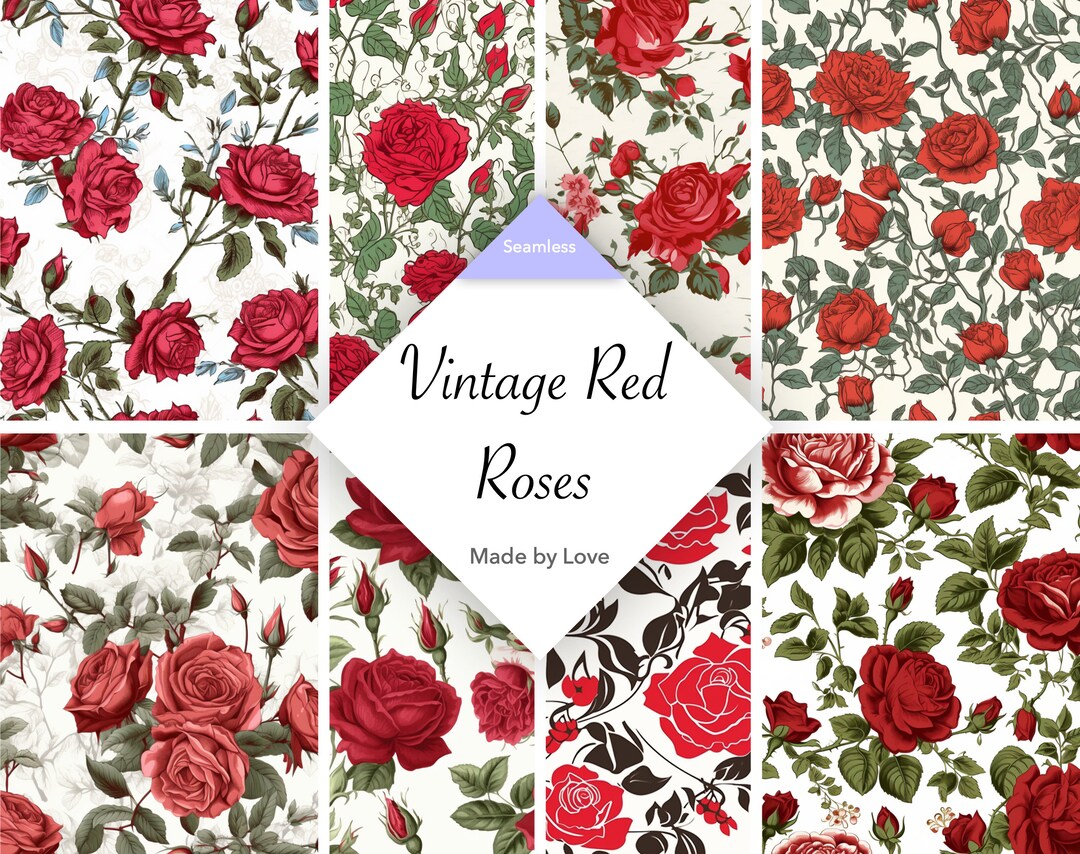 Vintage Red Roses Digital Paper 8 Seamless Patterns 14x14 Inch ...
