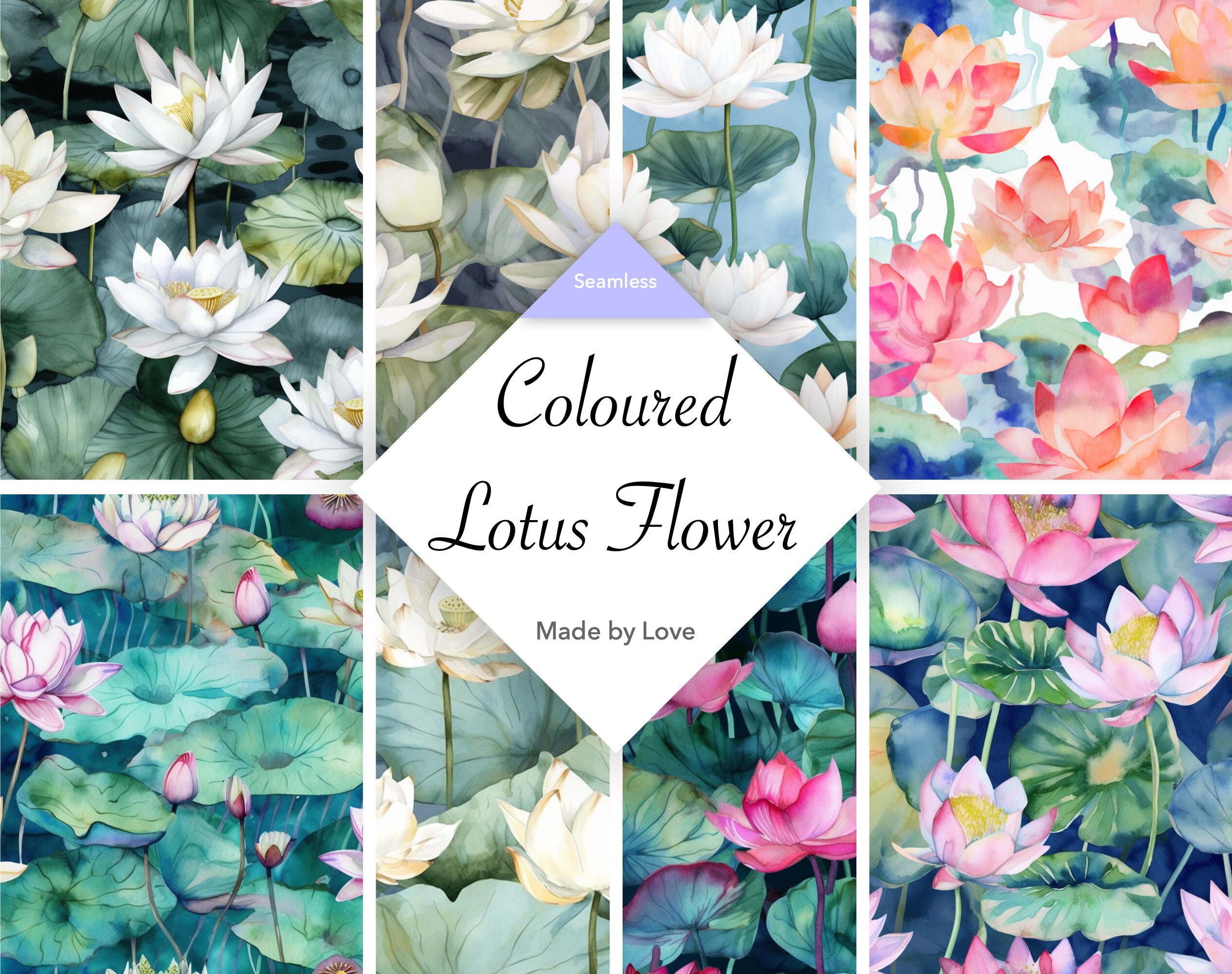 Coloured Lotus Flower Digital Paper - 8 Seamless Designs - 14x14in ...