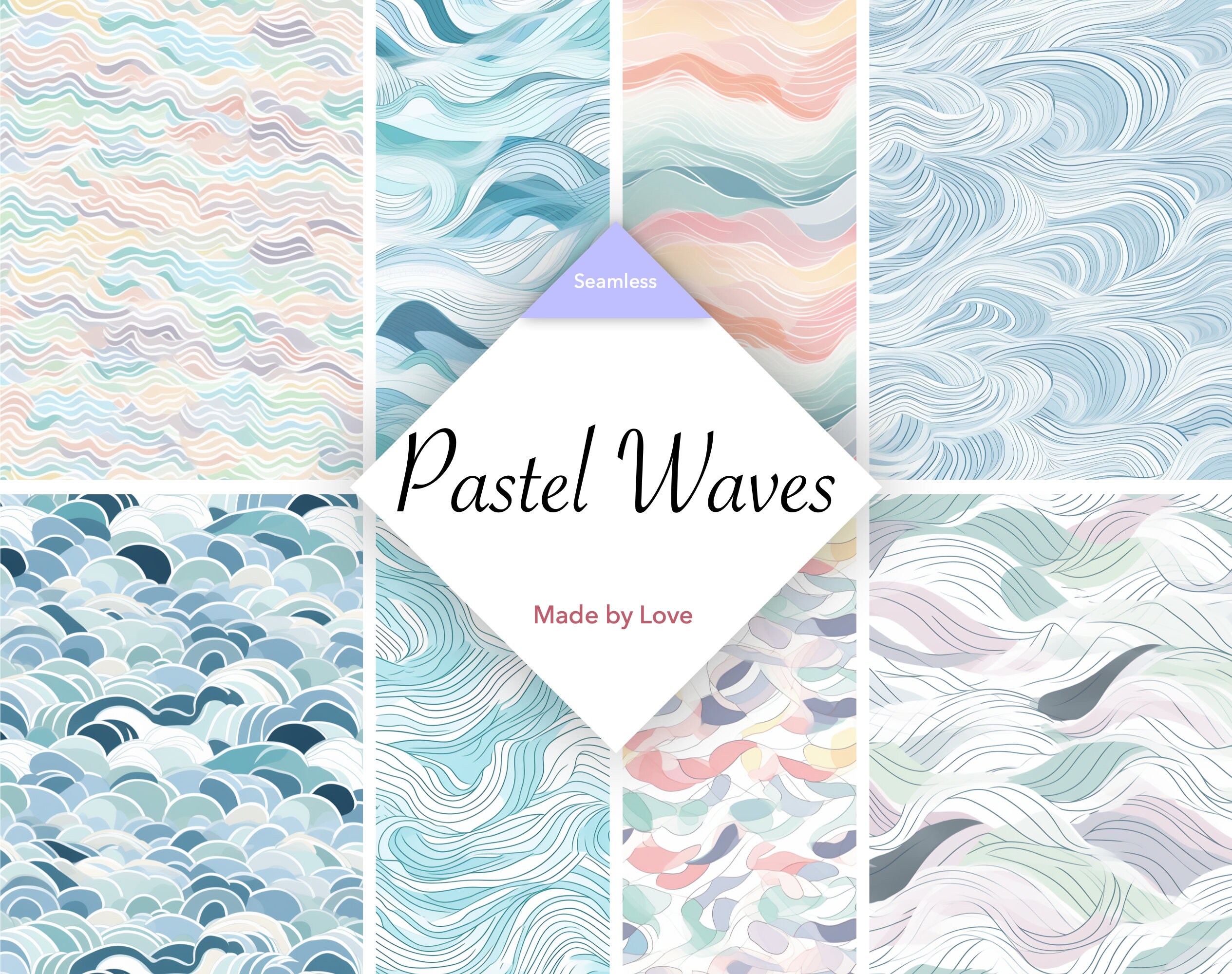 Blue Waves Digital Paper 8 Seamless Patterns Small Pastel Waves 14x14 Inch Commercial Use ...