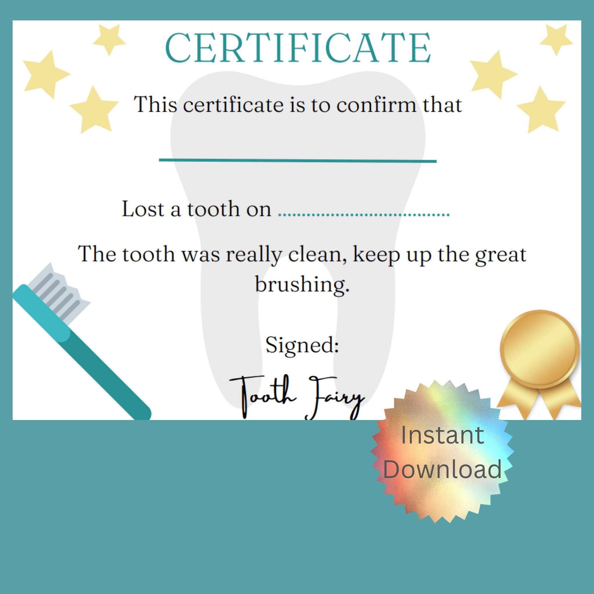 Tooth Loss Certificate From the Tooth Fairy, Instant Download, Great ...