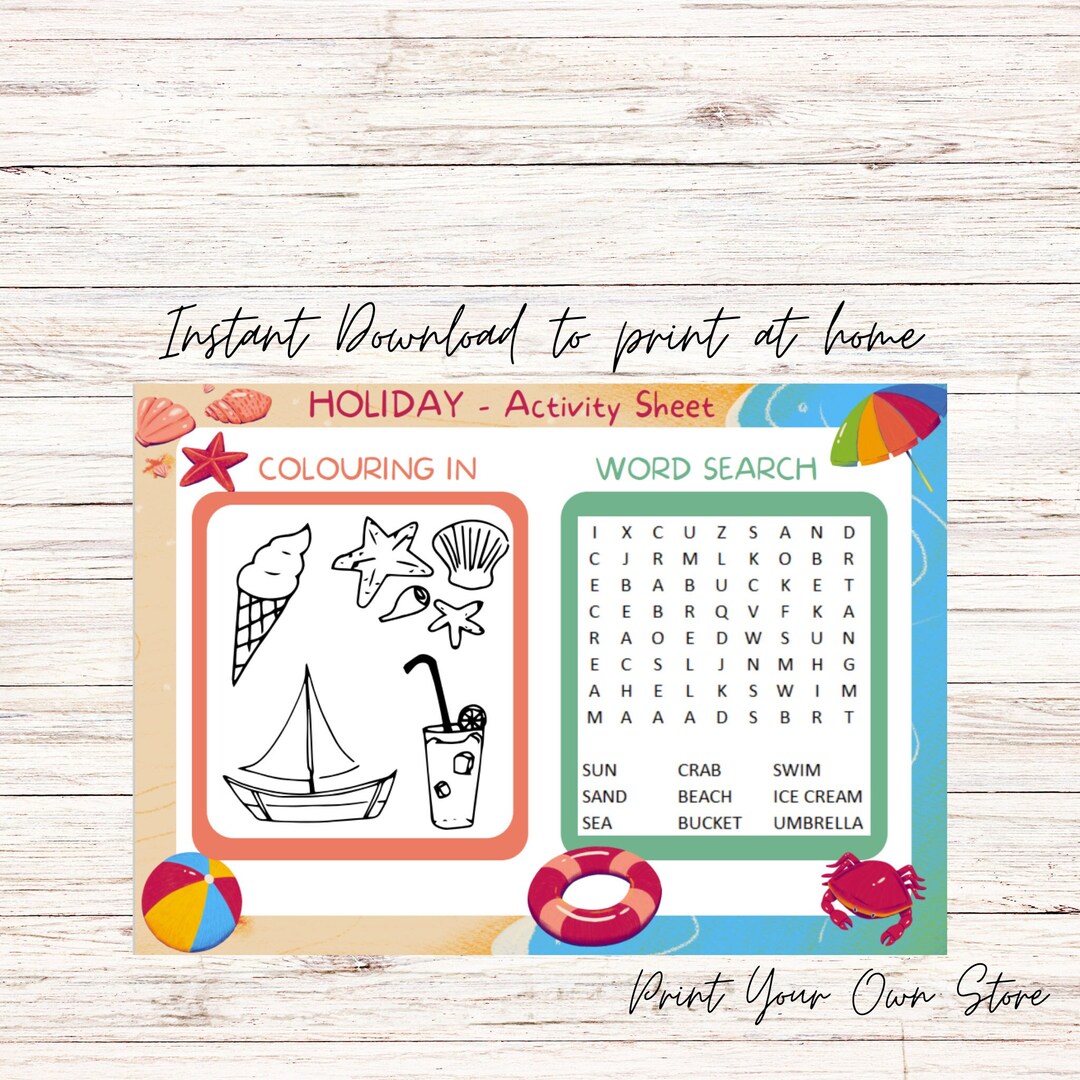 Children's Holiday Activity Sheet, Colouring Page and Word Search in a ...