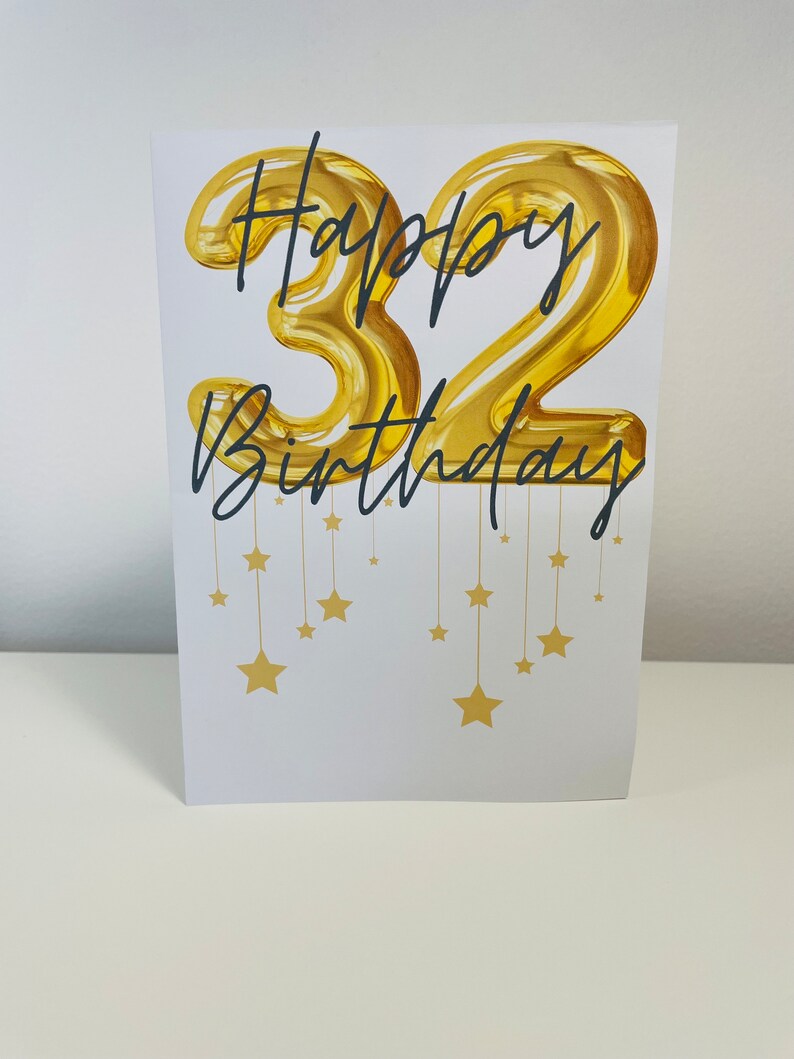 32nd Birthday Card, Gold Balloon Design With Stars , Instant Download ...