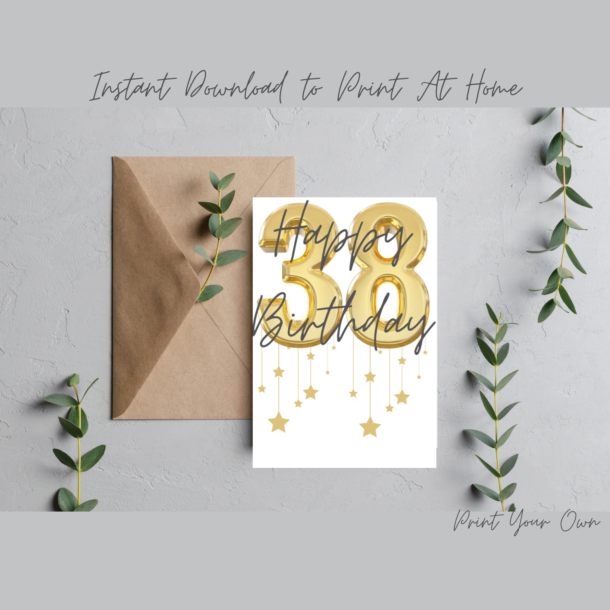38th Birthday Card, Gold Balloon Design With Stars , Instant Download ...