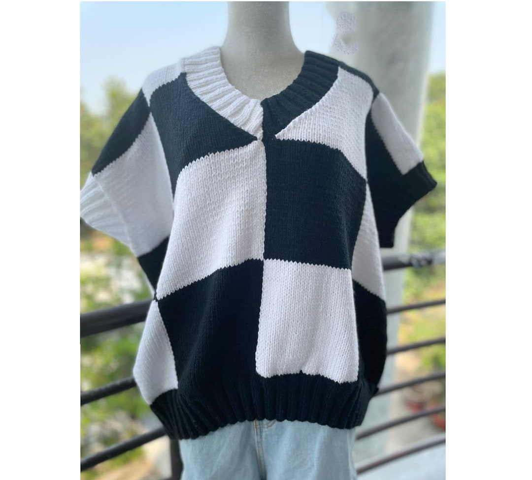 Checkered Sweater, Check Board Knit Vest, Wednesday Vest, Black and ...