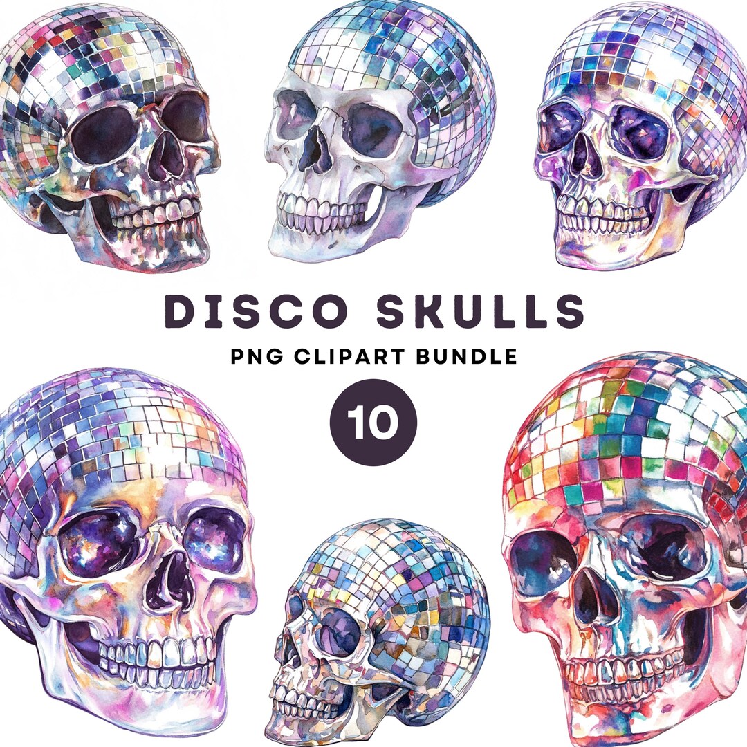 Disco Skulls Watercolor PNG Clipart Bundle Colorful Iridescent Spooky ...