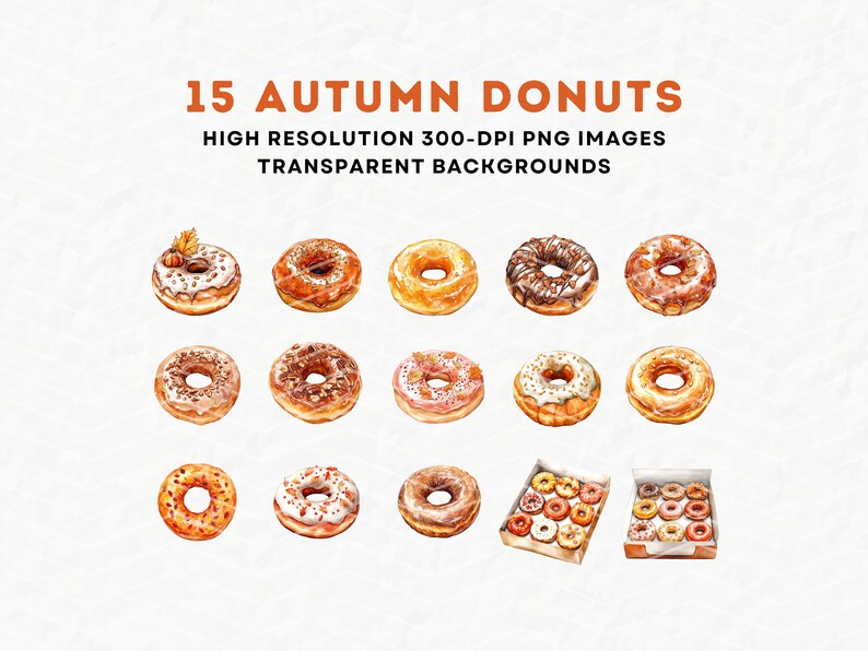 Autumn Donuts Watercolor PNG Clipart Bundle, Fall Baking Autumn Sweets ...