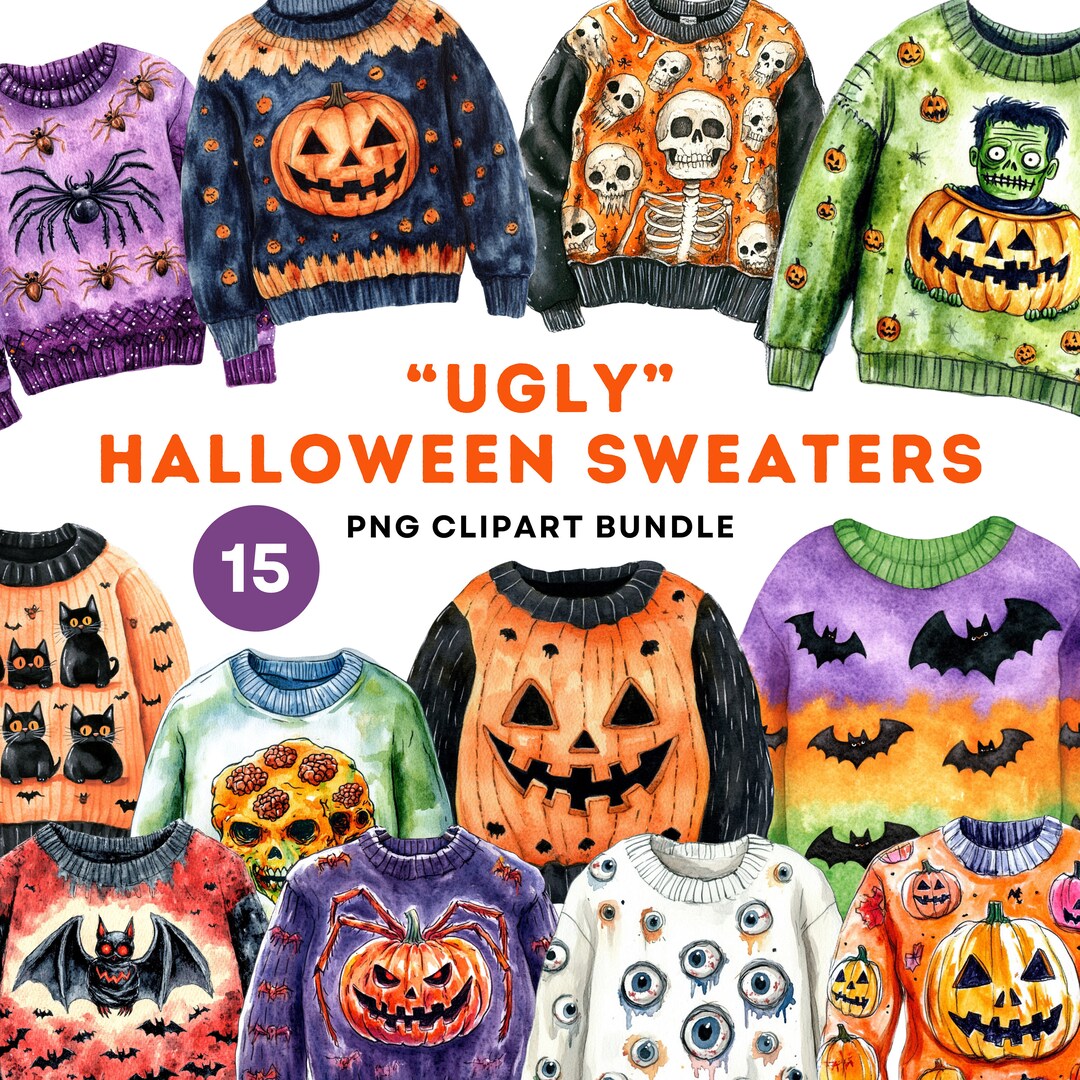 Halloween Ugly Sweaters Watercolor PNG Clipart Bundle - Etsy
