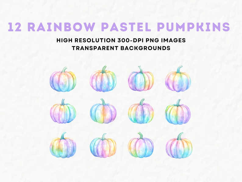 Pastel Rainbow Pumpkins Watercolor PNG Clipart Bundle Cute Colorful ...