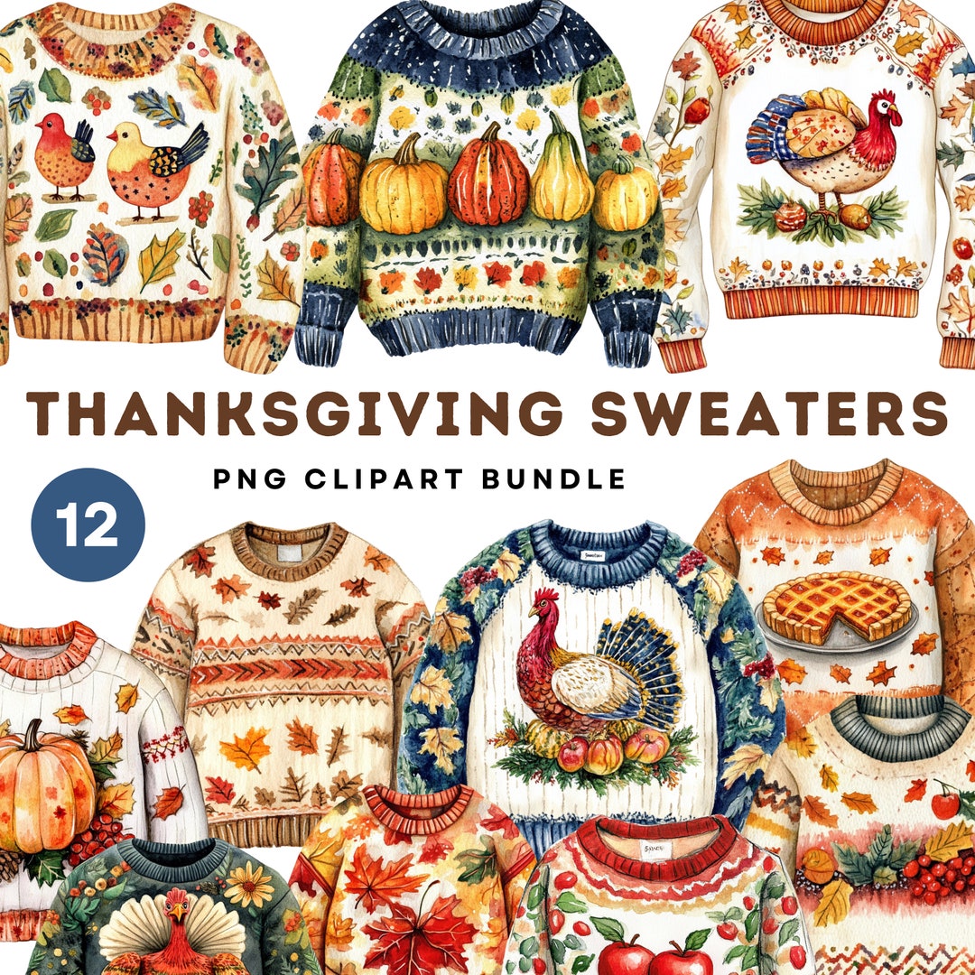 Thanksgiving Sweaters Watercolor PNG Clipart Bundle Cozy Sweaters ...
