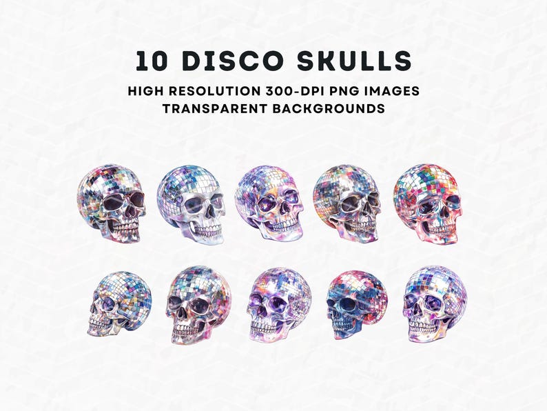 Disco Skulls Watercolor PNG Clipart Bundle Colorful Iridescent Spooky ...