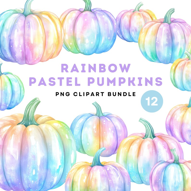 Pastel Rainbow Pumpkins Watercolor PNG Clipart Bundle Cute Colorful ...