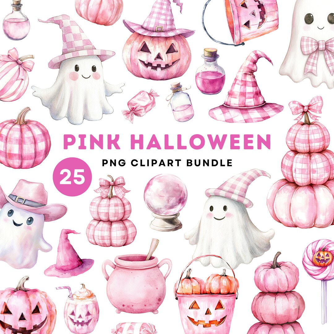 Pink Halloween Watercolor PNG Clipart Bundle Gingham Pumpkins Cute ...