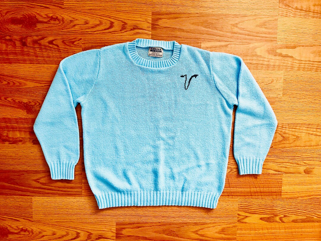 Vintage 1960s Sky Blue Wool Sweater With Embroidered 'V', Size Medium ...