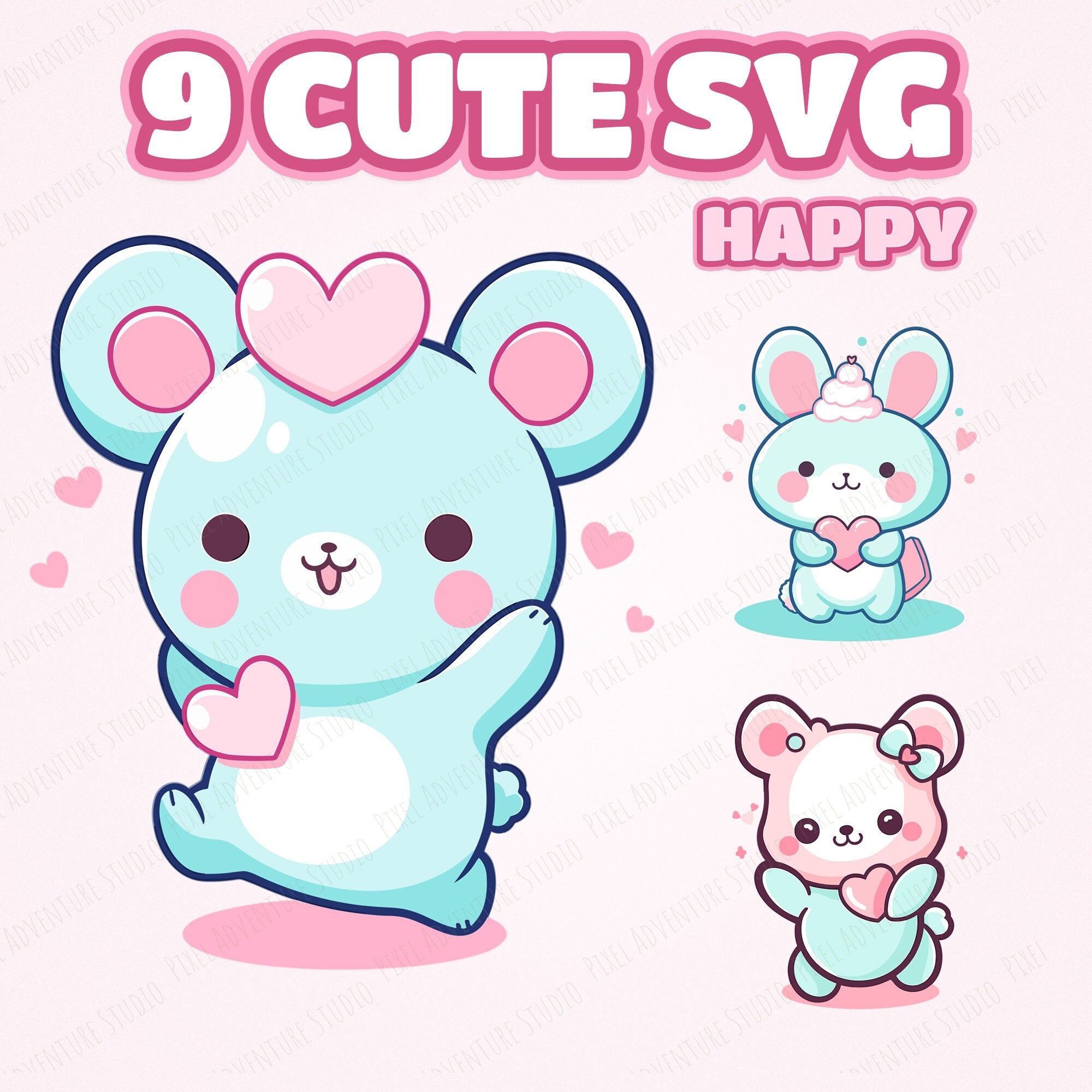 9 Cute SVG Happy Kawaii Animal Clipart Transparent Digital - Etsy