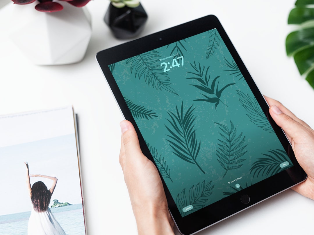 Green iPad Wallpaper Digital Download - Palm Leaves Aesthetic Wallpaper ...