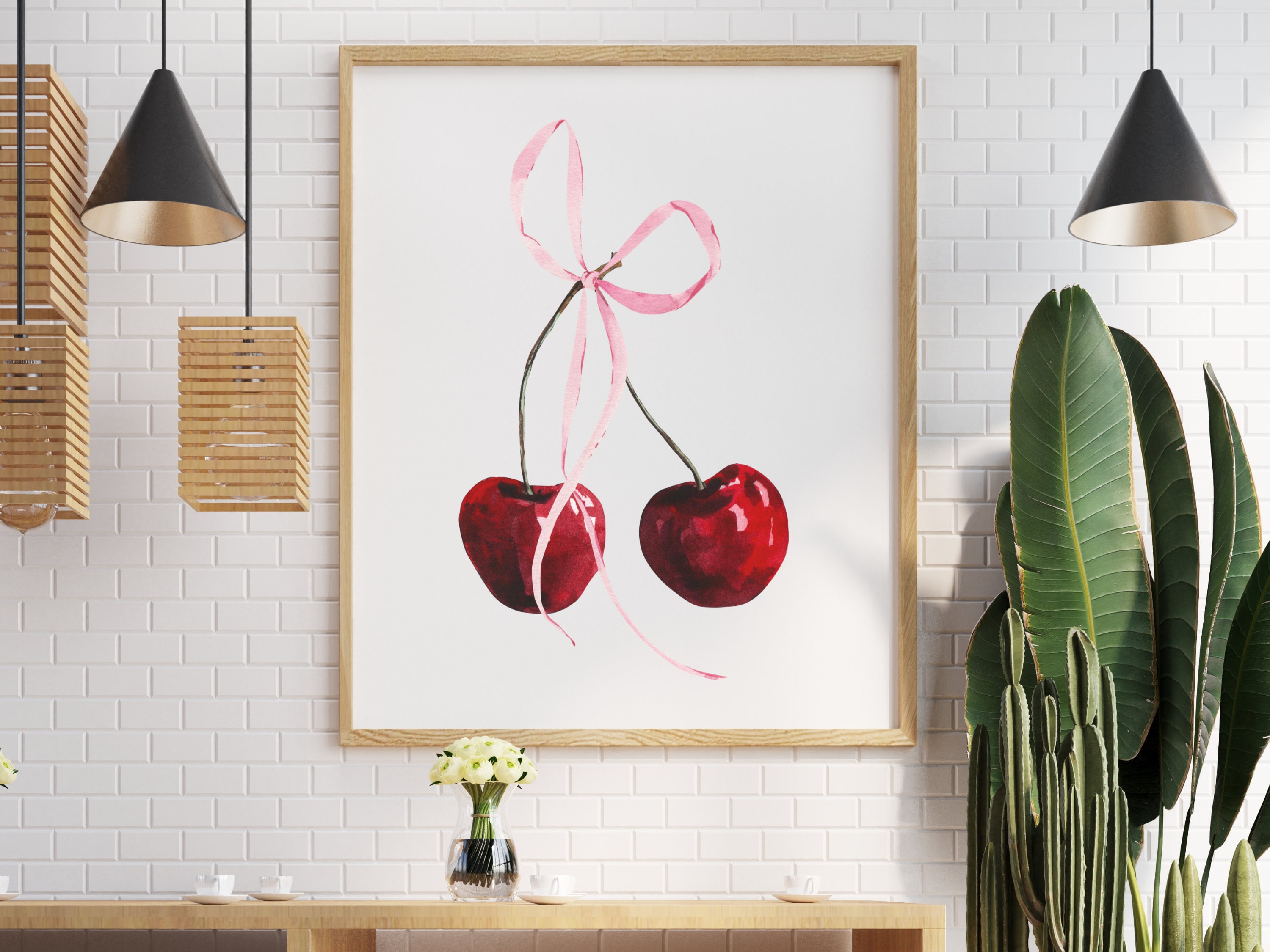 Cherry Wall Art Print, Printable Feminine Poster, Coquette Pink Bow Soft Girl Bedroom Decor ...