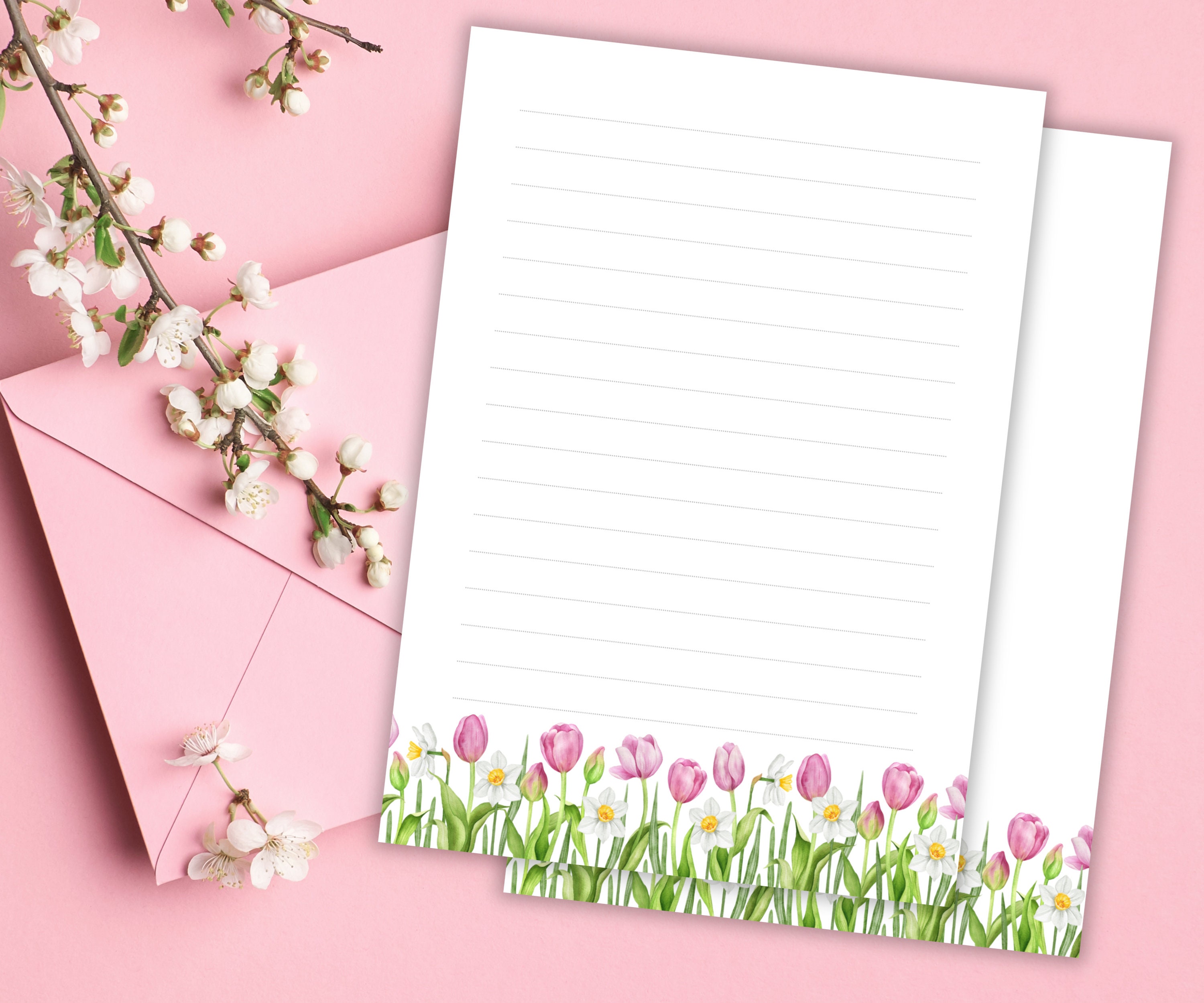 Pink Tulip & White Daffodil Printable Letter Writing Stationery, Printable Stationery, Letter ...