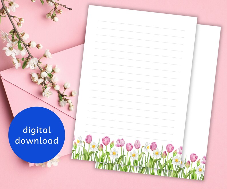 Pink Tulip & White Daffodil Printable Letter Writing Stationery ...