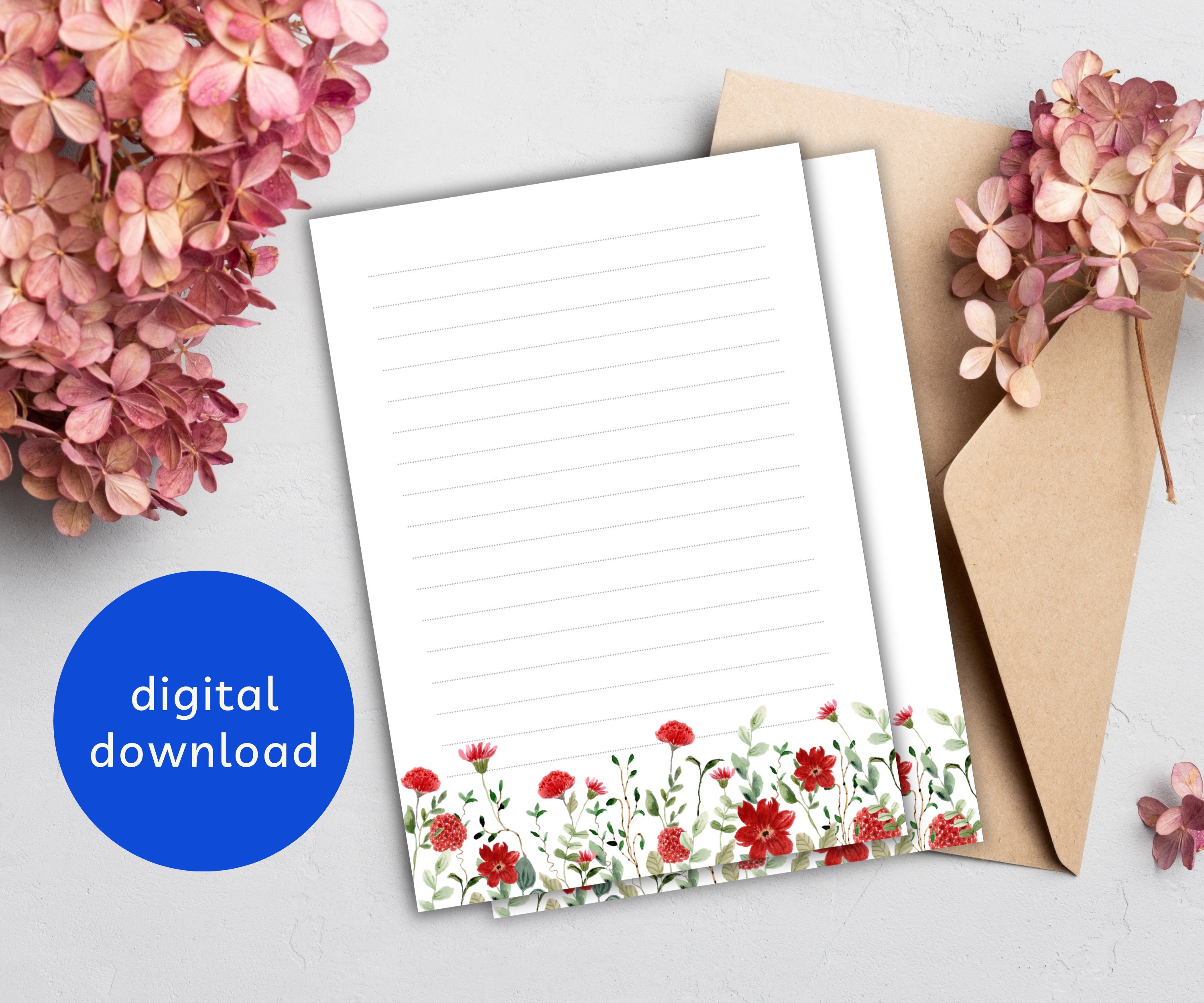 Red Wildflower Printable Stationery, Floral Stationery, Floral Letter ...