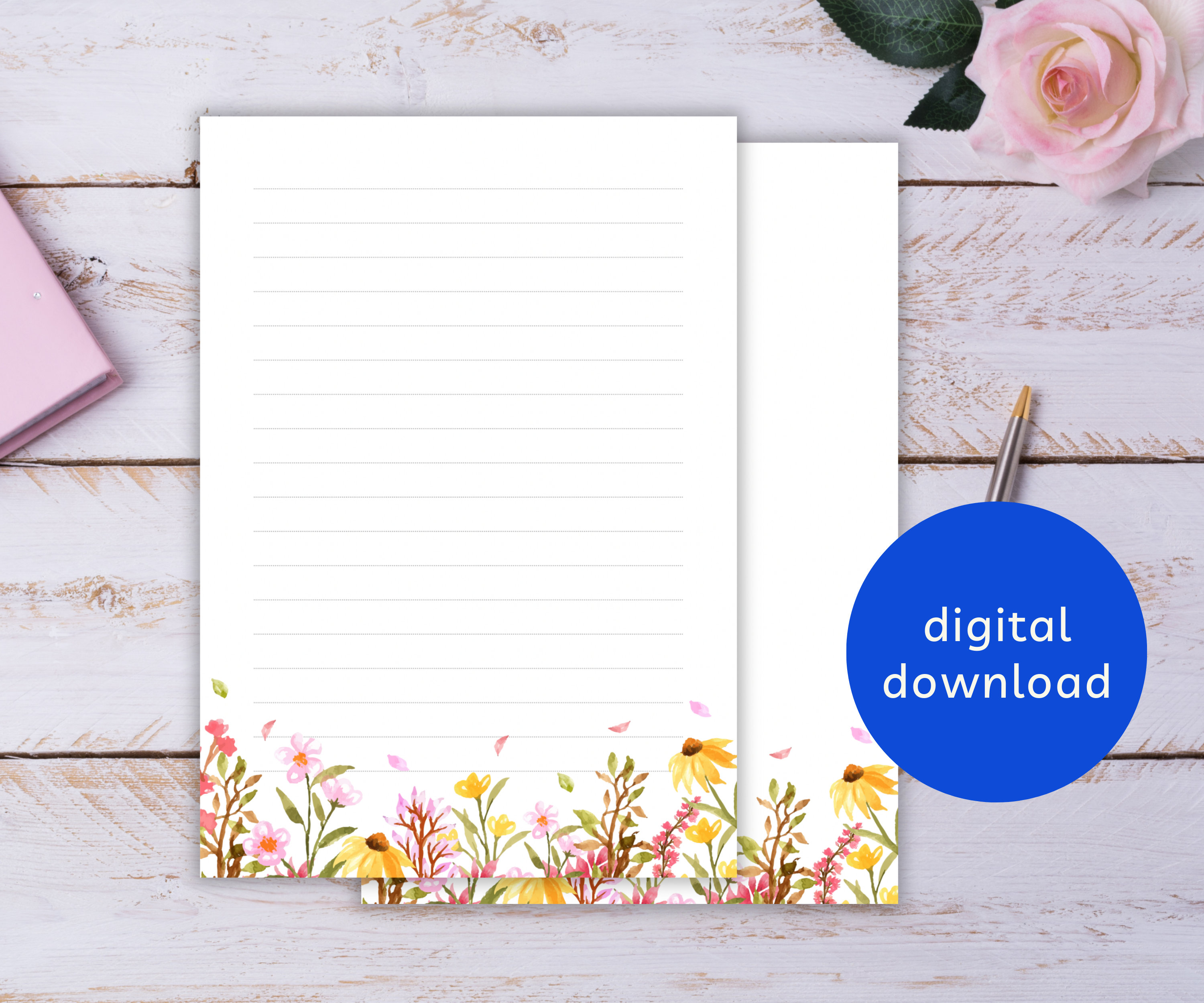 Pink & Yellow Floral Letter Writing Stationery, Printable Stationery ...