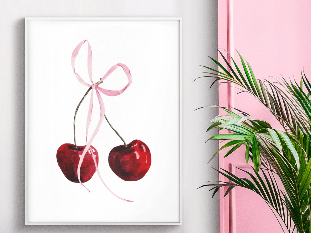 Cherry Wall Art Print, Printable Feminine Poster, Coquette Pink Bow Soft Girl Bedroom Decor ...