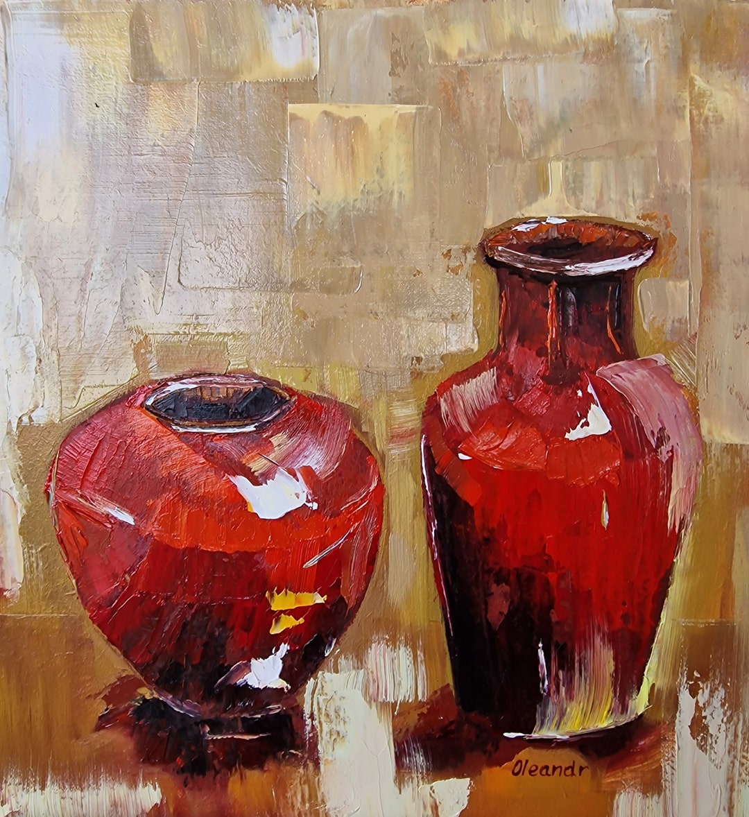 Red Jugs Original Painting Abstract Oil Still Life Kitchen Wall Decor ...