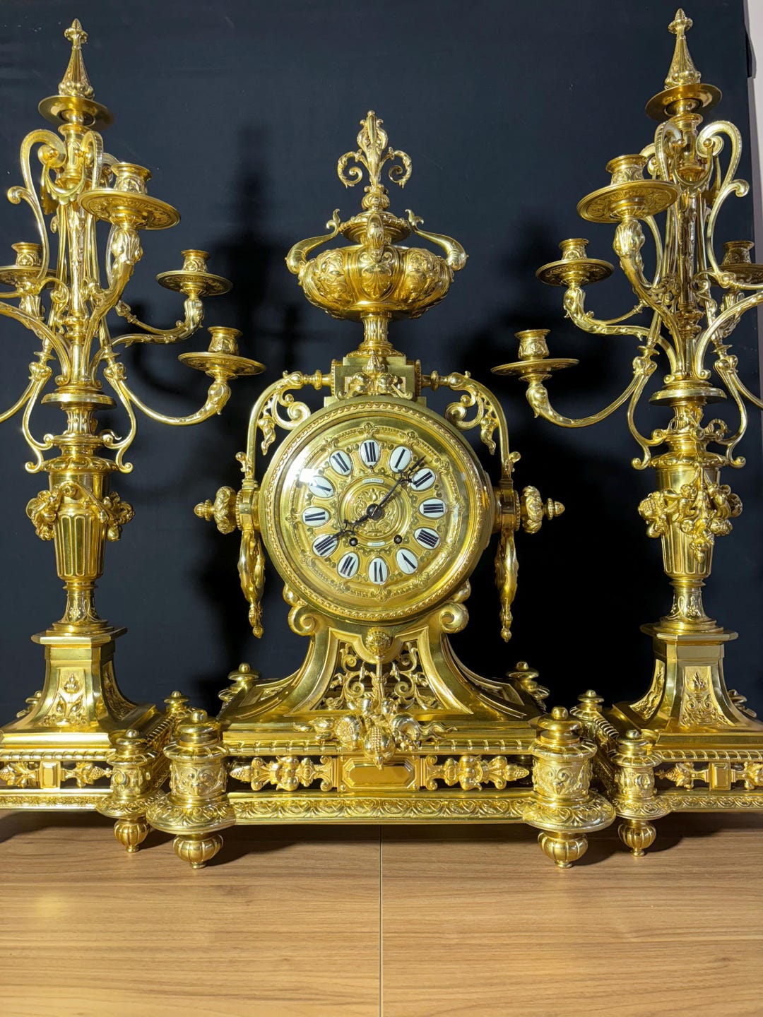 Antique French Bronze Regency Style Mantel Clock With Candlesticks Ca ...