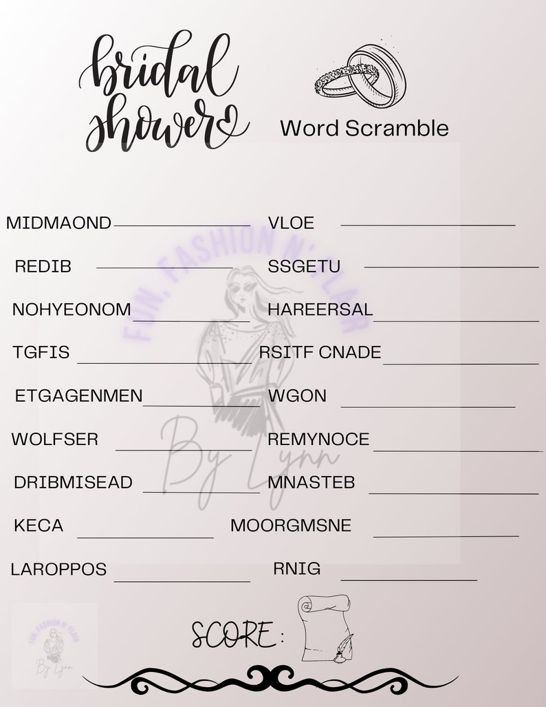 Printable Bridal Shower Word Scramble Wedding Game Cards With Answer ...