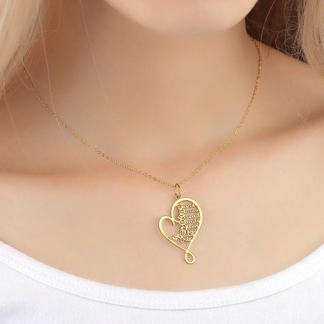Heart-shaped Name Necklace Custom 1-8 Names Family Nameplate Necklace ...