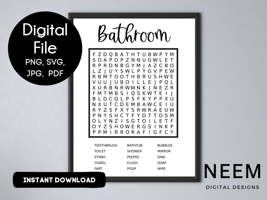 Bathroom Word Search | Printable Word Search | Wall Decor Art | Funny ...