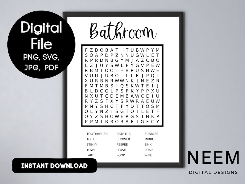 Bathroom Word Search | Printable Word Search | Wall Decor Art | Funny ...