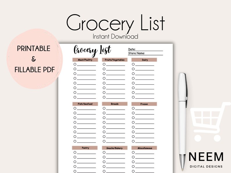 Printable Grocery List Template, Food Shopping List, Planner, Food ...