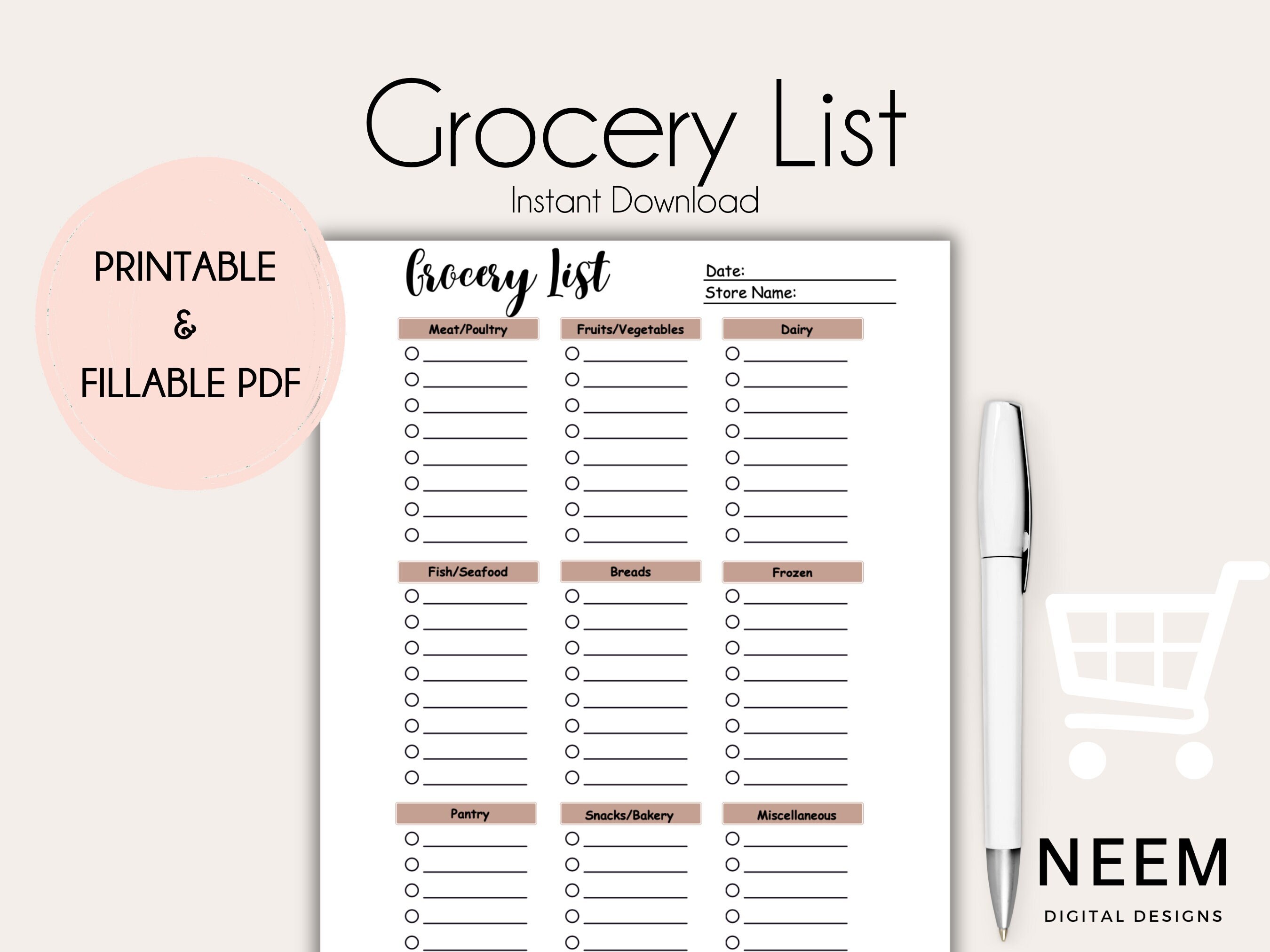 Printable Grocery List Template, Food Shopping List, Planner, Food ...