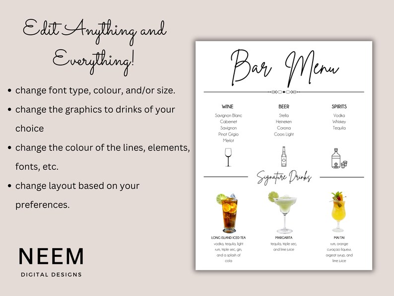 Bar Menu Template, Editable Drink Menu Template, Minimalist Cocktail ...