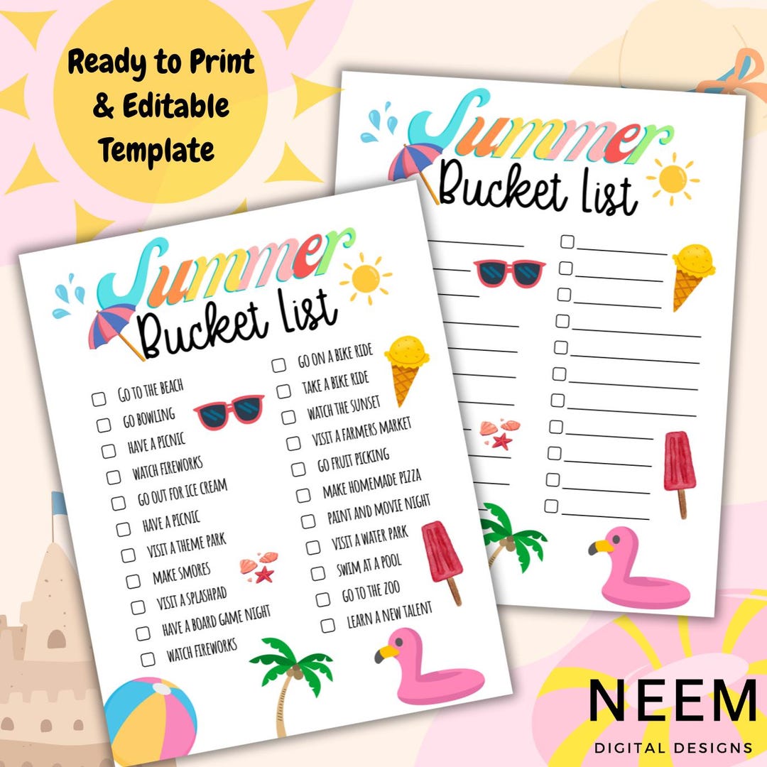 Editable Summer Bucket List, Printable Summer Bucket List, Fun Summer ...