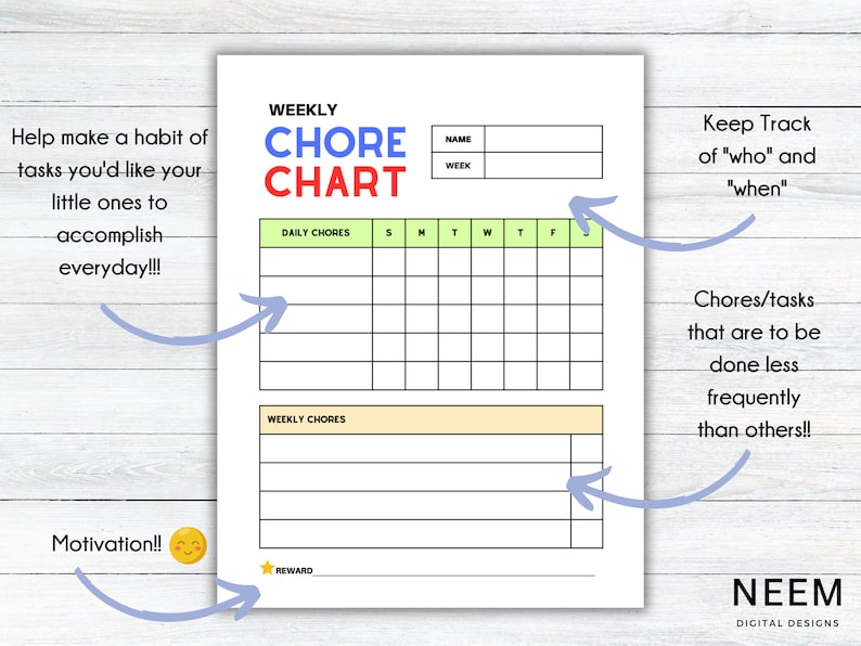 Chore Chart for Kids, Children's Chores, Kids Chore Chart ...