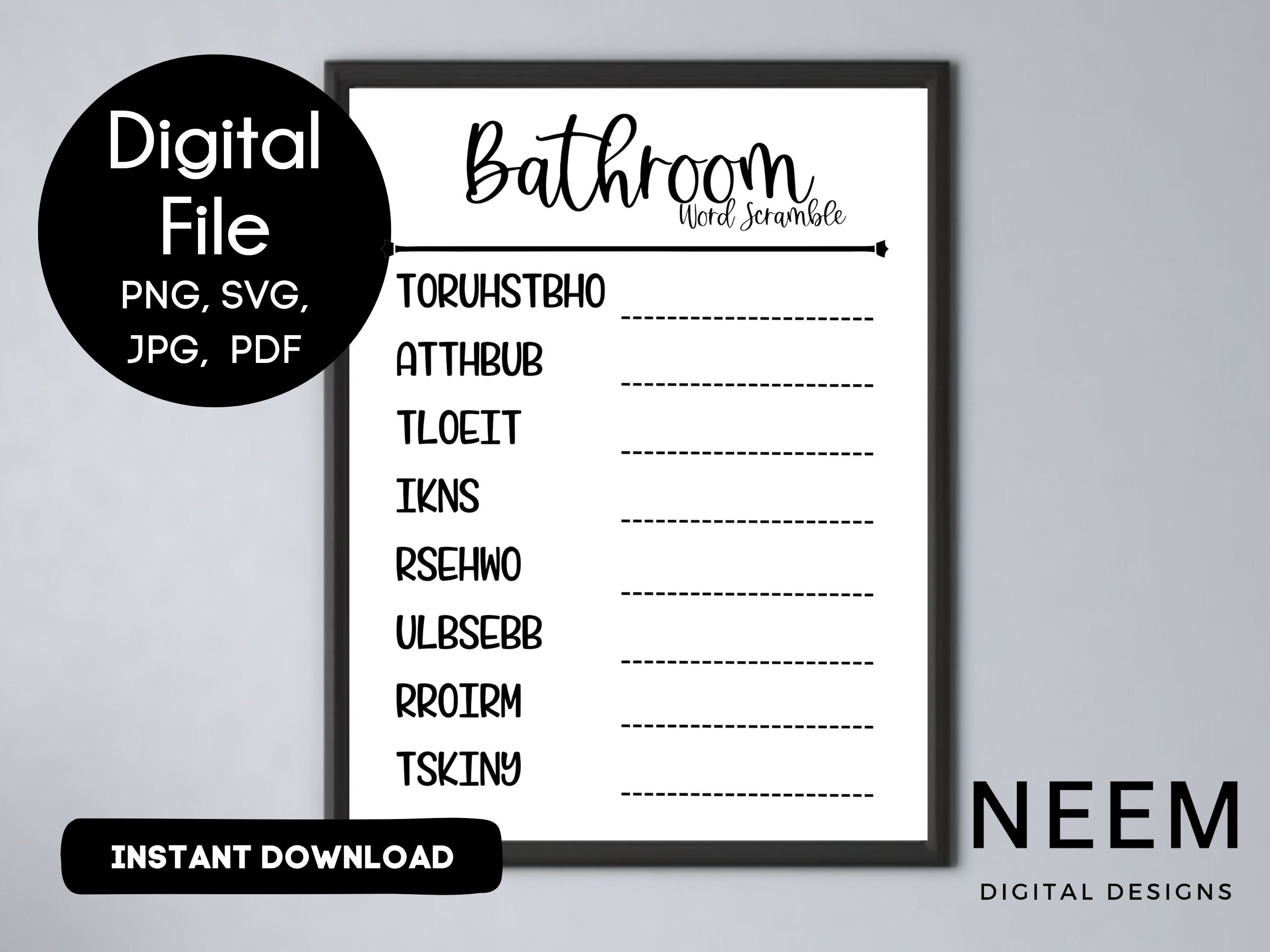Bathroom Word Scramble | Printable Word Scramble | Wall Decor Art ...