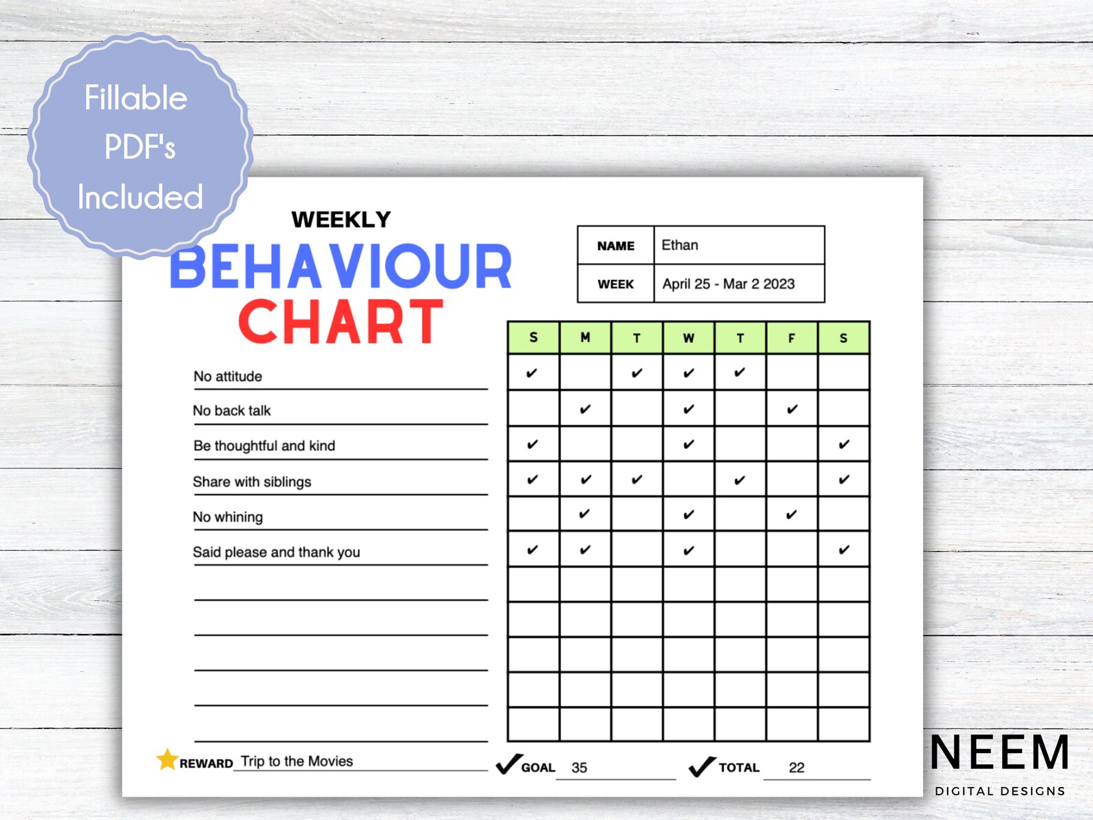 Weekly Behaviour Chart for Kids | Behaviour Tracker | Behaviour Reward | Printable Behaviour ...