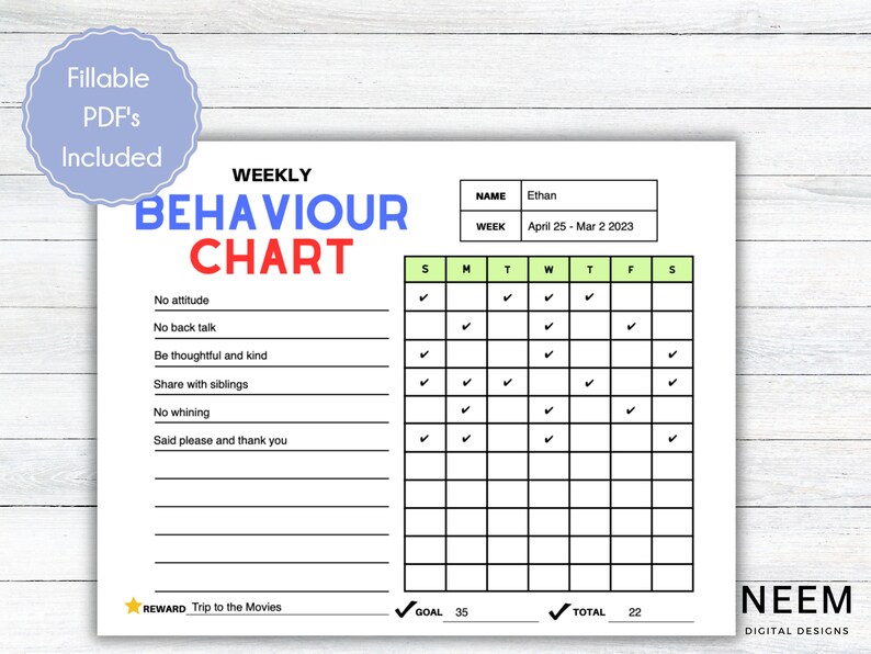 Weekly Behaviour Chart for Kids | Behaviour Tracker | Behaviour Reward ...