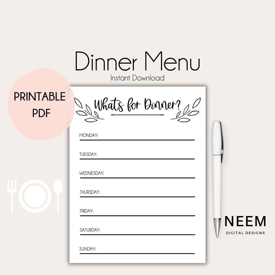 Printable Weekly Dinner Menu Planner, What's for Dinner Minimalist Menu ...