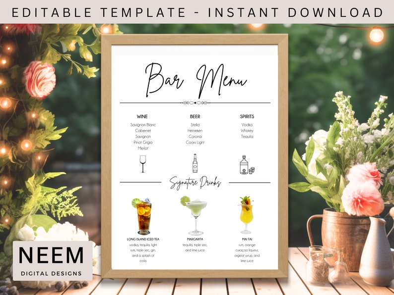 Bar Menu Template Editable Drink Menu Template Minimalist - Etsy