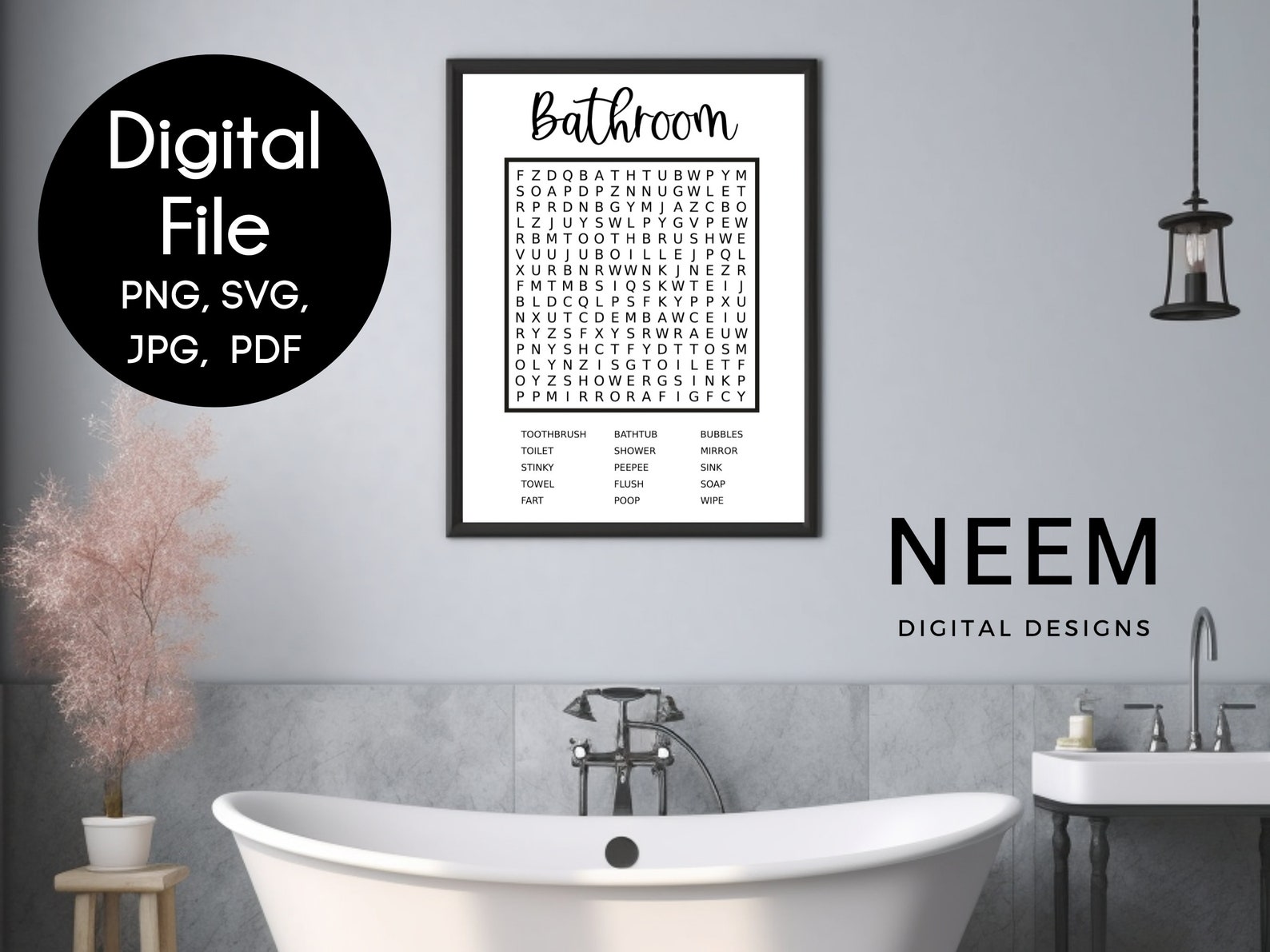 Bathroom Word Search | Printable Word Search | Wall Decor Art | Funny ...